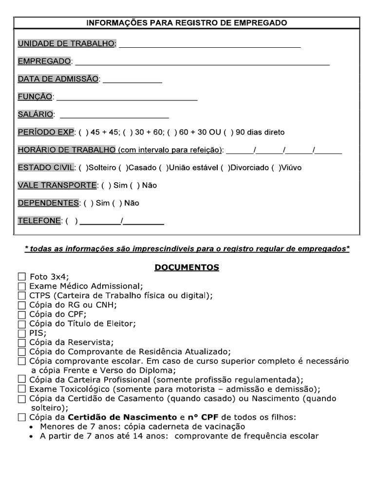 Ficha - documentos admissionais - válido | PDF