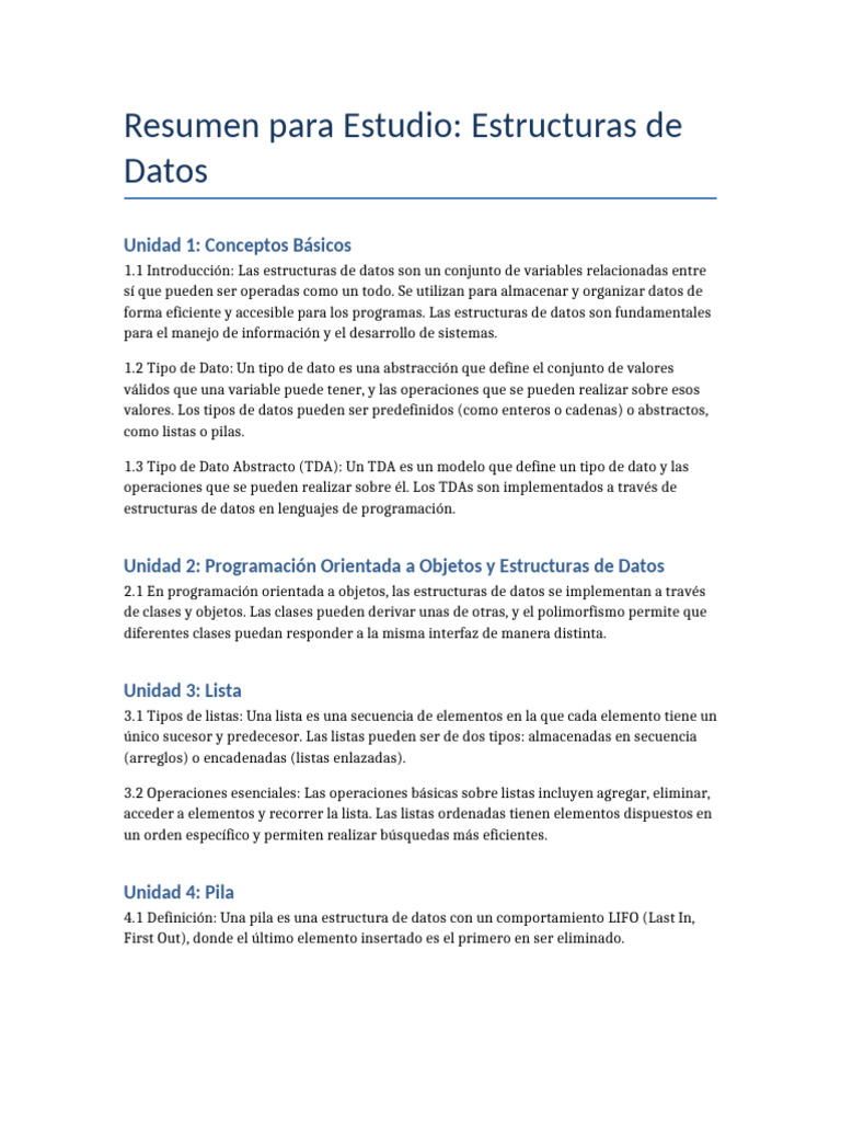 Resumen Estructuras de Datos Probabilidad Alta Aprobacion | PDF | Tipo de datos | Cola (tipo de ...