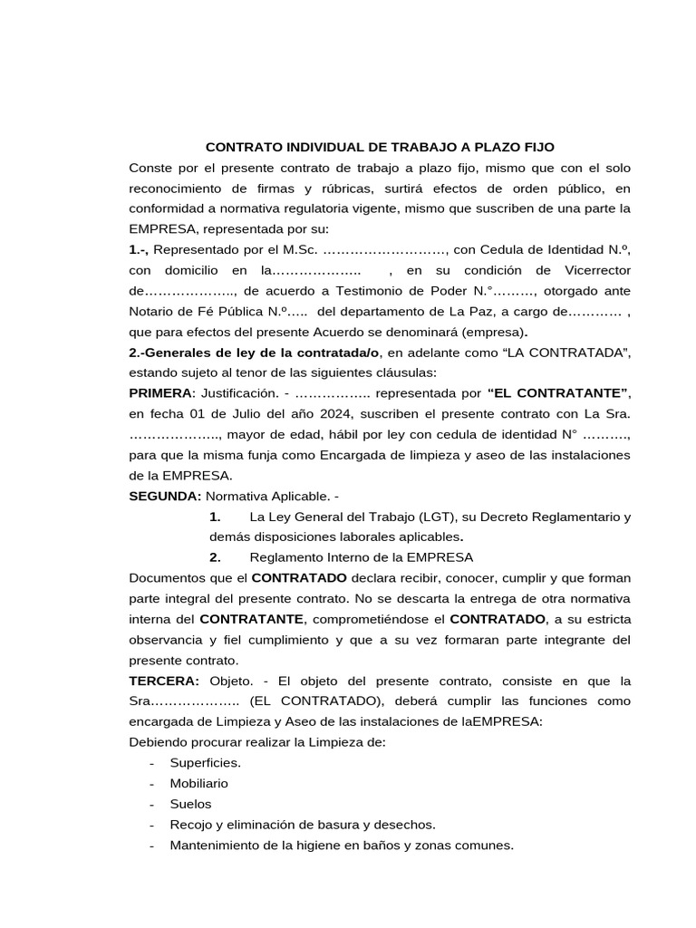 Contrato de Trabajo a Plazo Fijo 2024 | PDF
