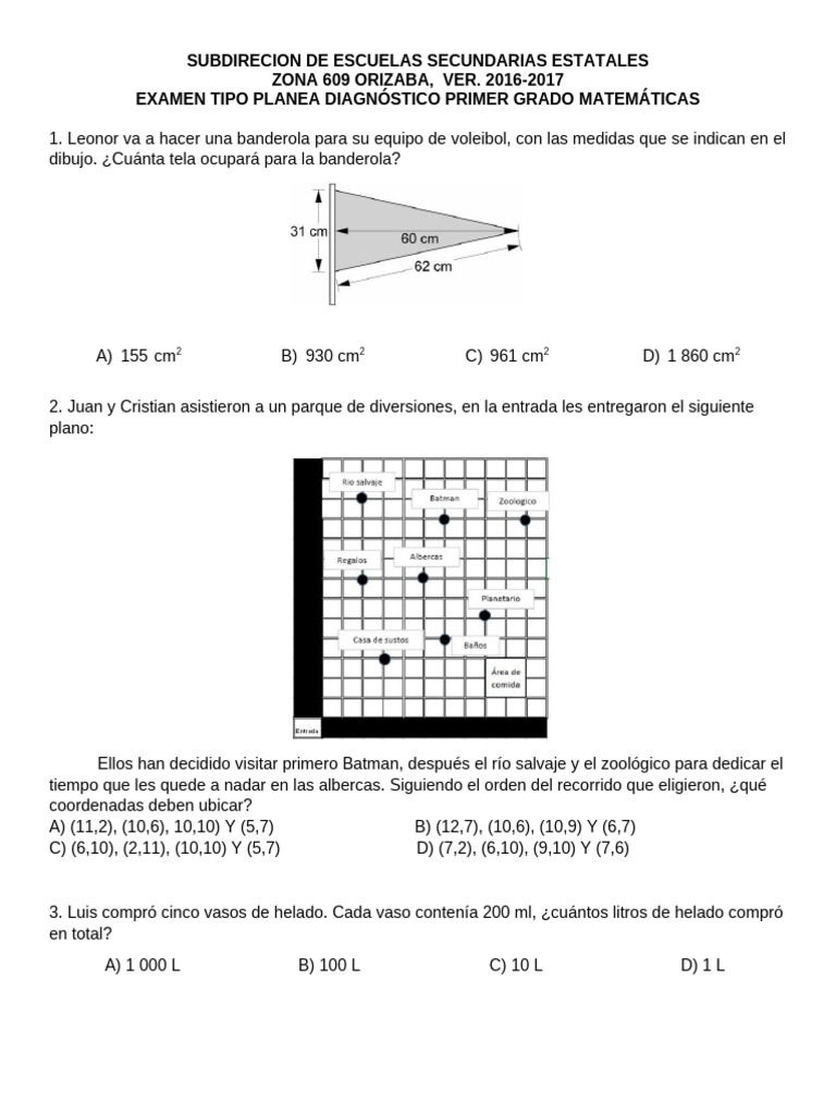 Examen Planea Diagnóstico Primer Grado Matemáticas | PDF