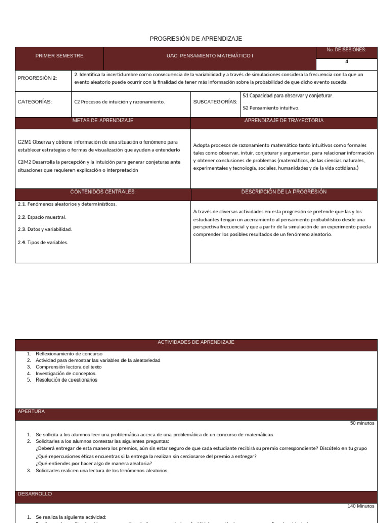 PLAN DE CLASE - Progresion 2 Pensamiento Matemático Primer Semestre ...