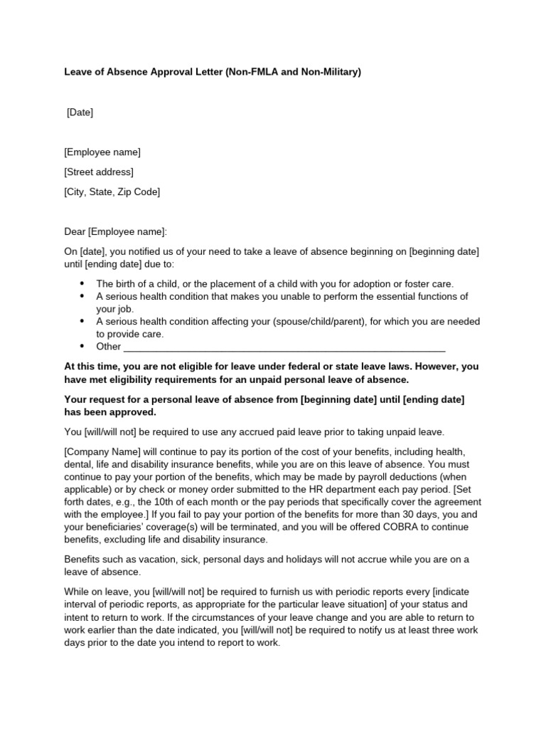 Leave of Absence Approval Letter | PDF | Consolidated Omnibus Budget ...