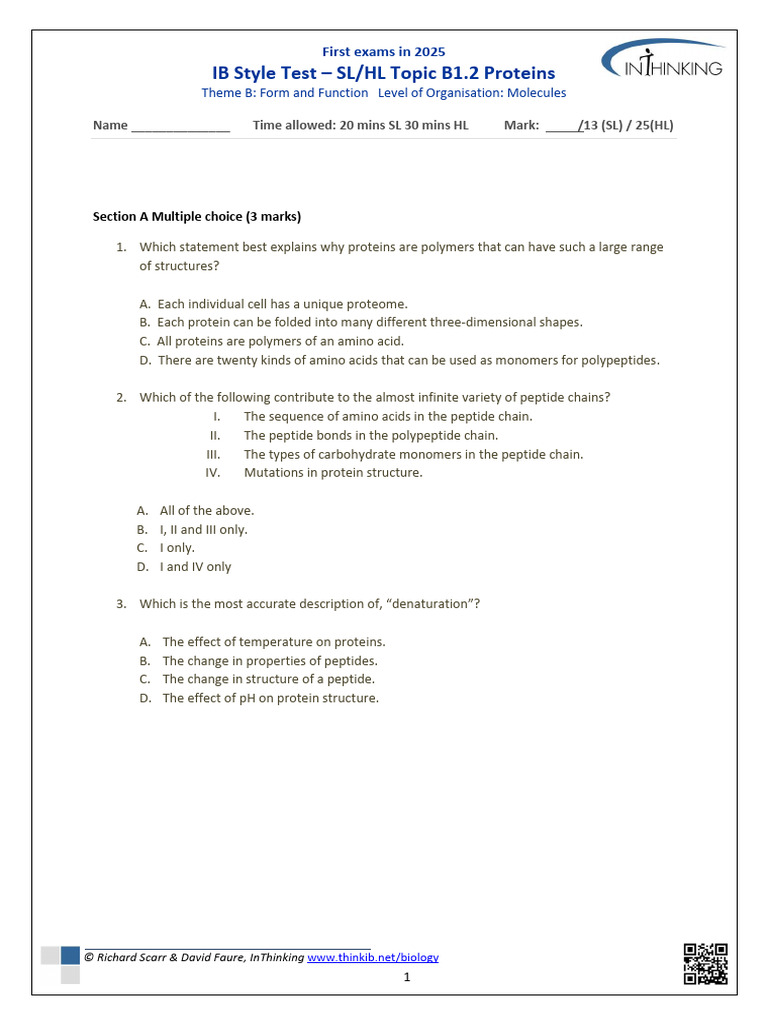 IB Biology Exam: Proteins Test 2025 | PDF | Proteins | Peptide