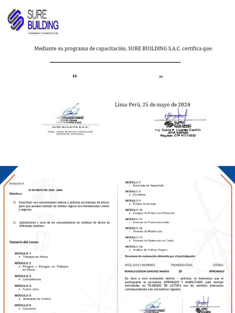 Certificados de Trabajo en Altura - Sanchez Ramos Ronald Edison | PDF