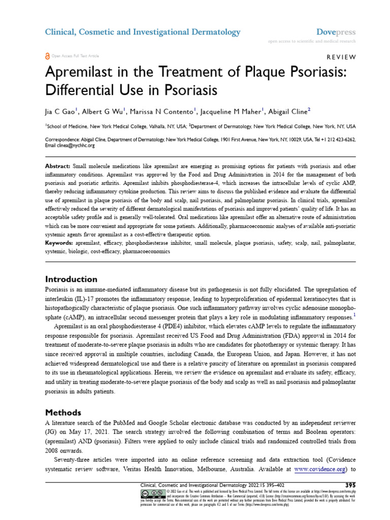 CCID 266036 Apremilast in The Treatment of Plaque Psoriasis Differentia | PDF | Psoriasis | Medicine