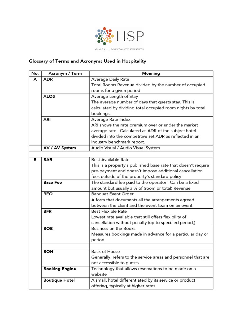Hospitality Terms and Acronyms Guide | PDF | Net Present Value | Hotel