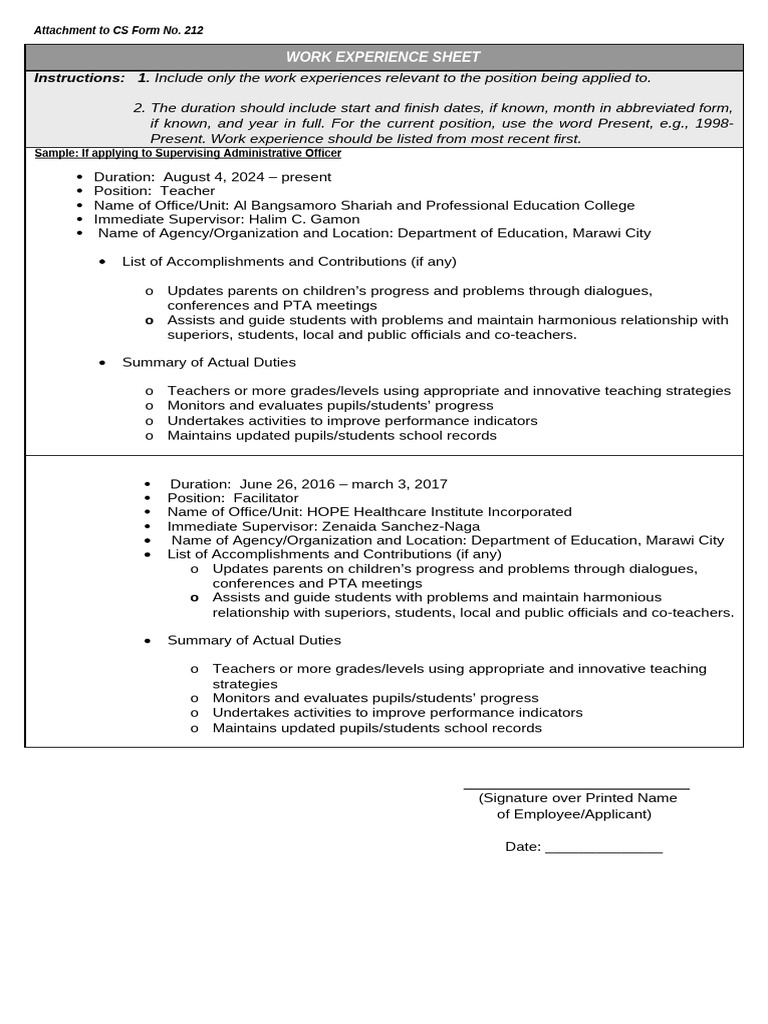 CS Form No. 212 Attachment - Work Experience Sheet | PDF | Teachers ...