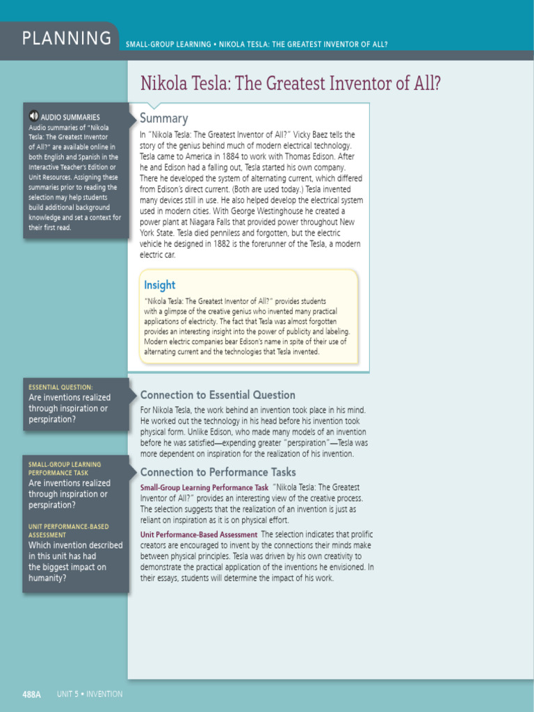 Teacher's Edition Unit 5 PDF | PDF | Nikola Tesla | Reading Comprehension