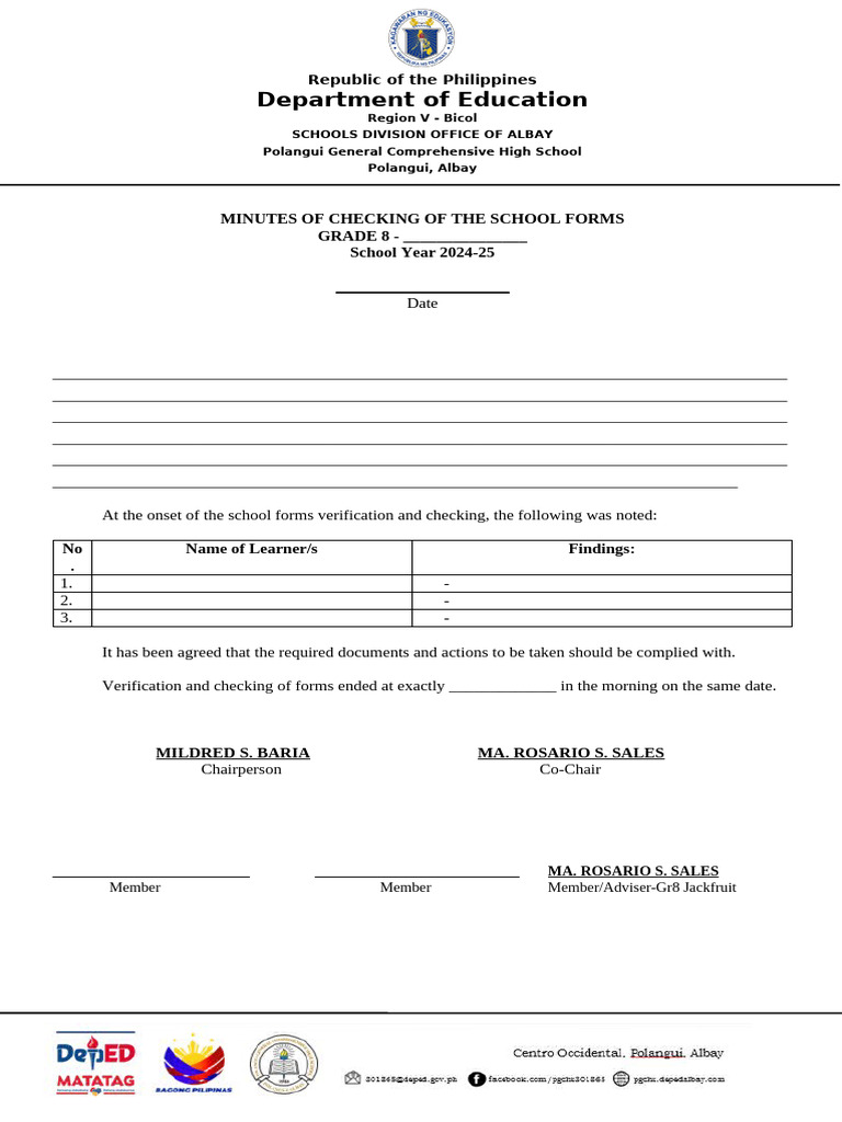 Grade 8 School Forms Verification Minutes | PDF