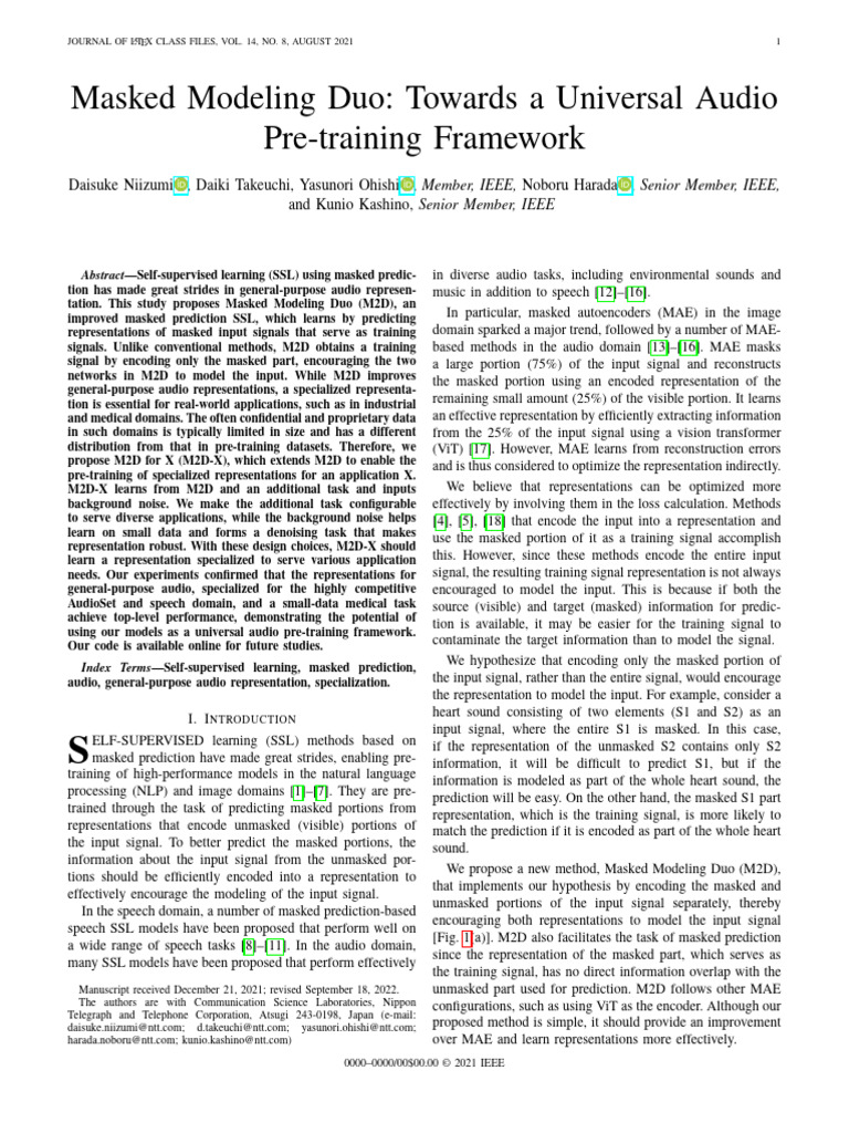 Masked Modeling Duo - Towards A Universal Audio Pre-Training Framework | PDF | Artificial ...