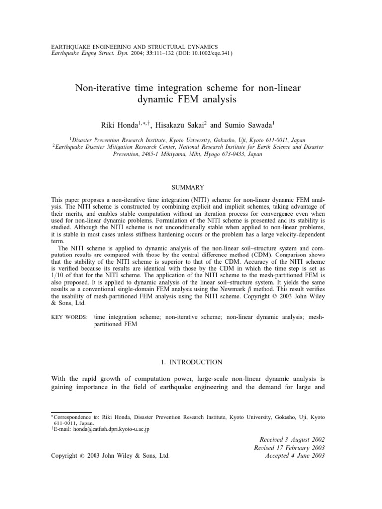Earthq Engng Struct Dyn - 2003 - Honda - Non Iterative Time Integration Scheme For Non Linear ...