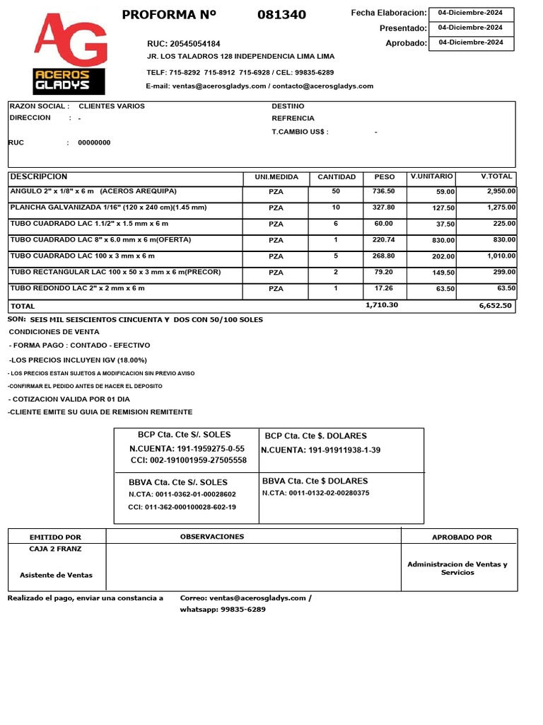 Cotización Materiales | PDF