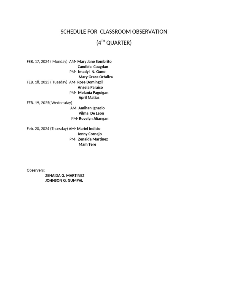 Schedule For Classroom Observation | PDF