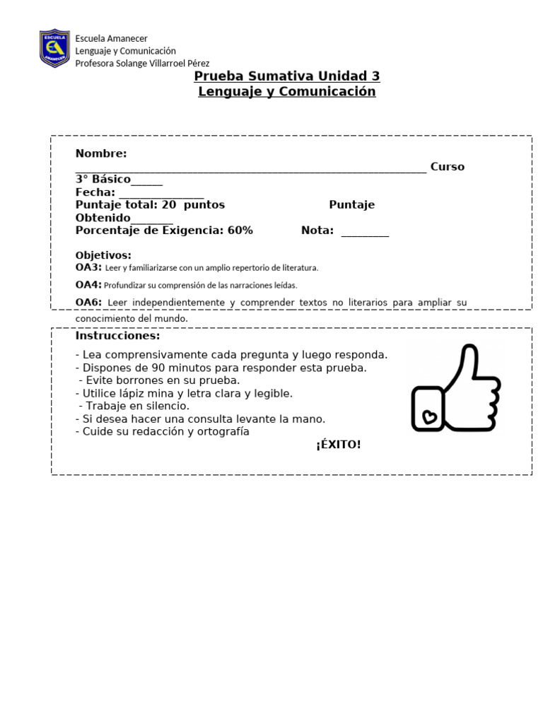 Prueba de Lenguaje 3° Básico - Unidad 3 | PDF
