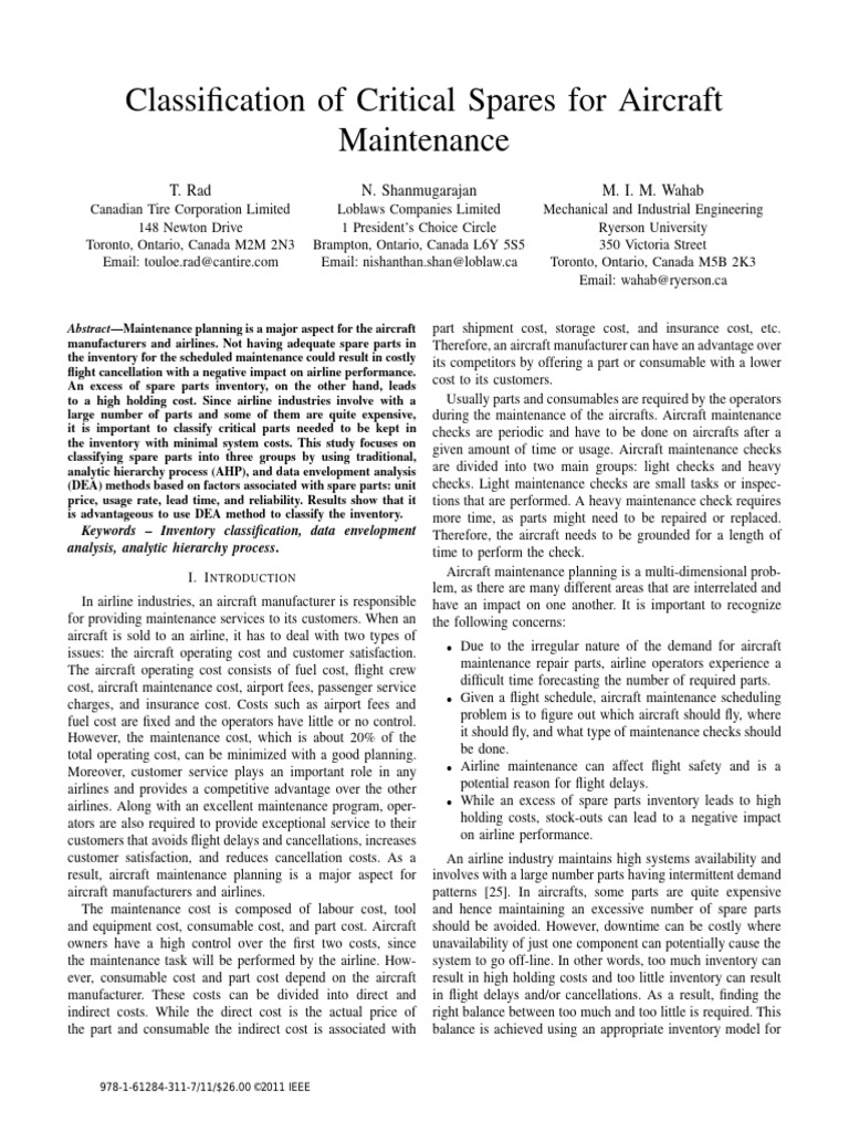 Classification of Critical Spares For Aircraft Maintenance | PDF ...