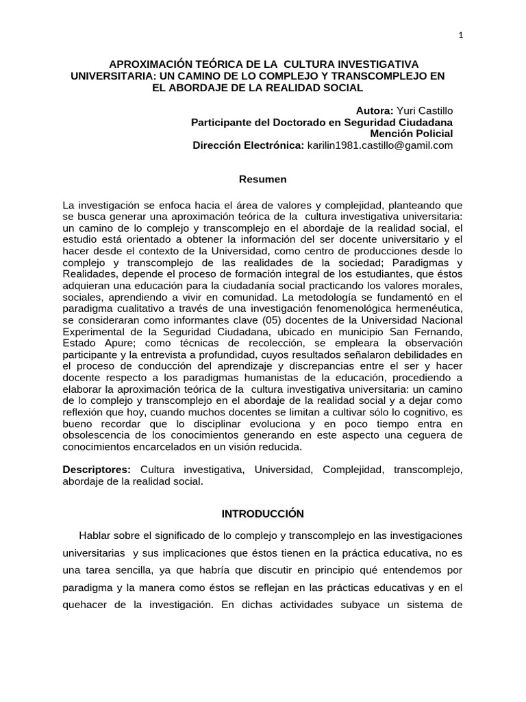 Apu. D. Yury Castillo. Articulo 1 | PDF | Conocimiento | Paradigma