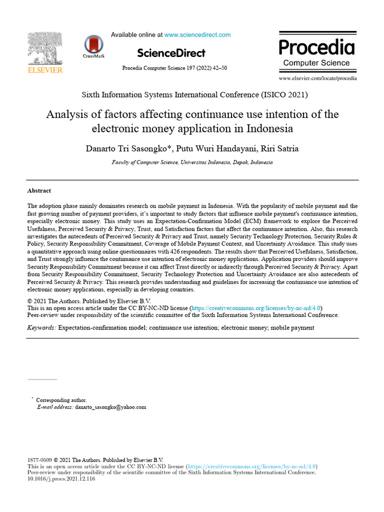 Analysis of factors affecting continuance use intention of the electronic money application in ...