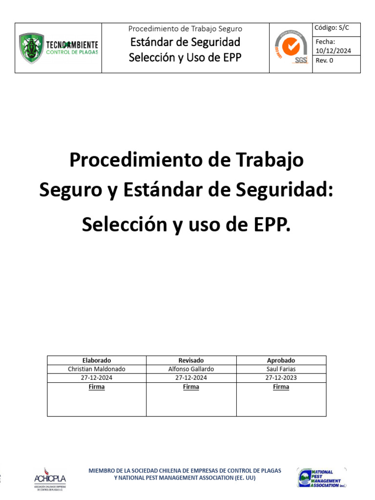 Procedimiento de Trabajo Seguro y Estándar de Seguridad - Selección y Uso de EPP 2024 | PDF ...