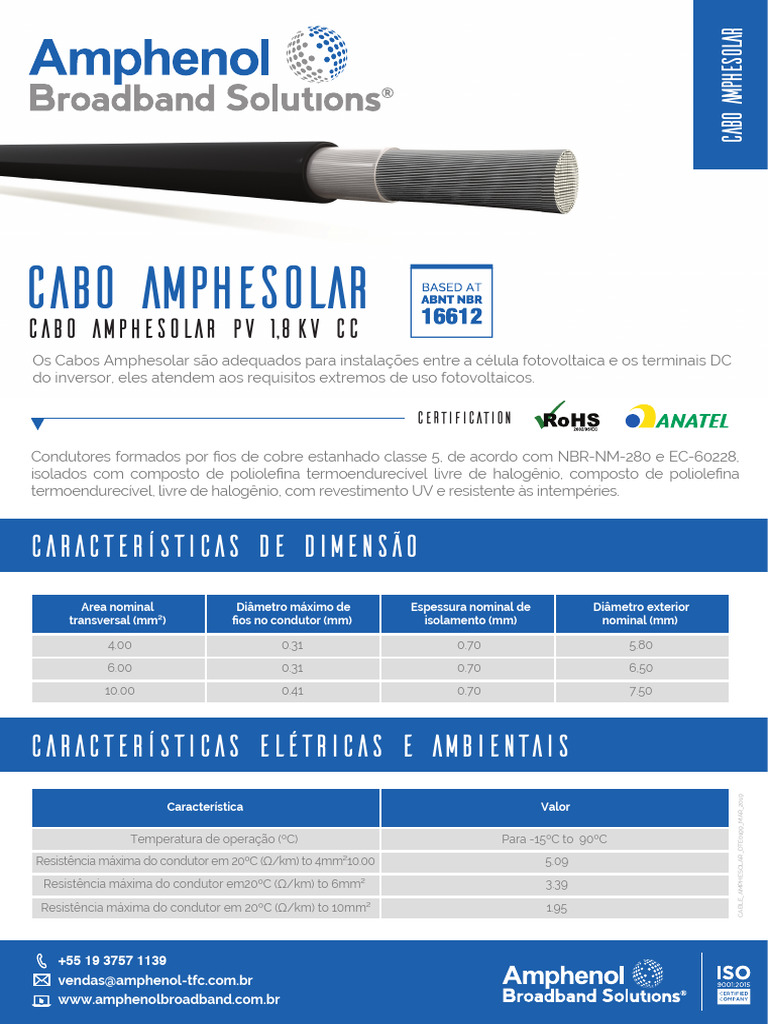 DATASHEET_CABO_SOLAR_AMPHENOL | PDF | Condutor elétrico | Eletromagnetismo