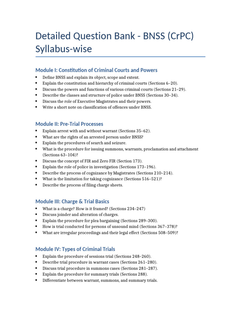 Detailed Question Bank BNSS | PDF | Search Warrant | Crime & Violence