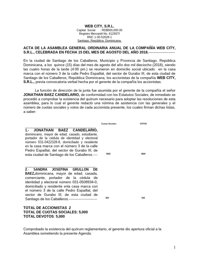 Acta de Asamblea Ordinaria Anual Web City S.RL. | PDF | Gobierno