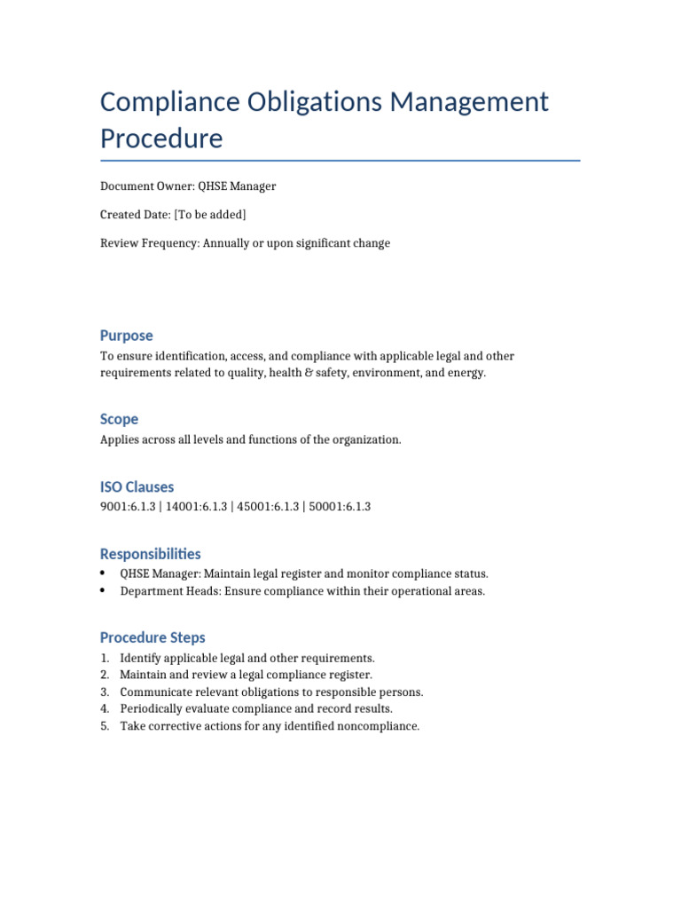 Compliance Obligations Management Procedure | PDF