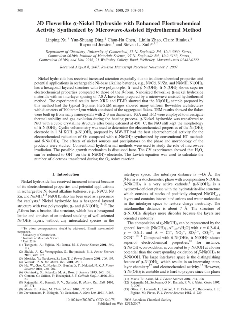 3D Flowerlike Nickel Hydroxide With Enhaced Electrochemical Activity Synthesiezed by Microwave ...