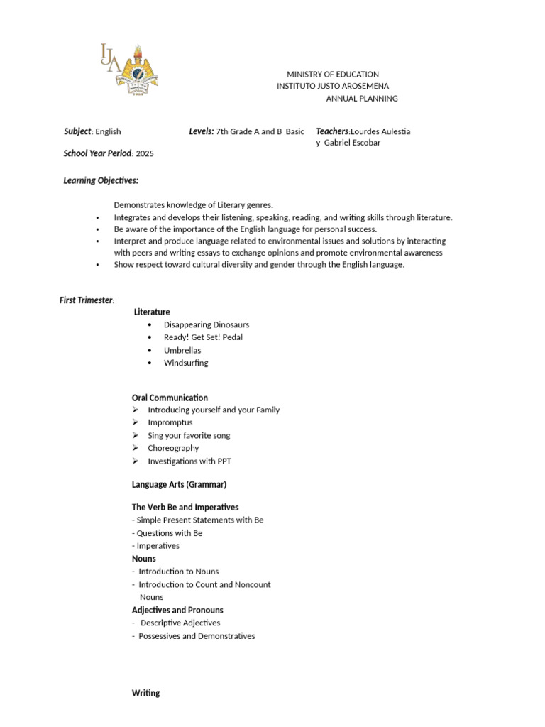 7th Grade English Annual Planning Guide | PDF | English Language | Noun