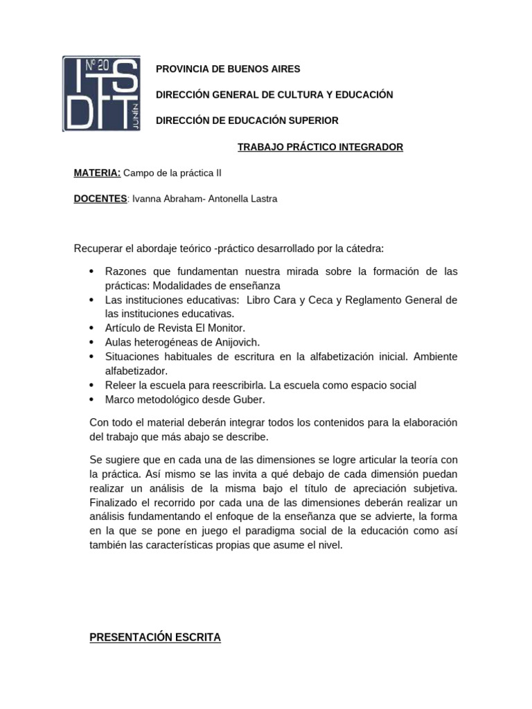 Trabajo integrador final campo II 2024 | PDF | Enseñando | Aprendizaje