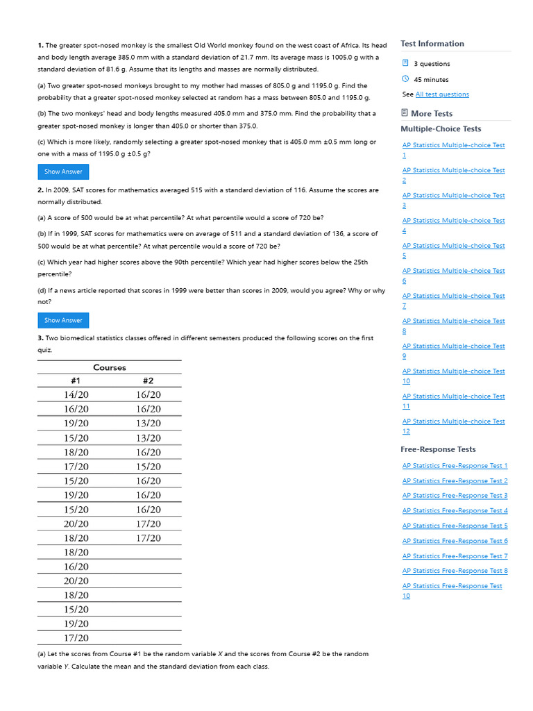 AP Statistics Free-Response Practice Test 8 Probability and Random ...