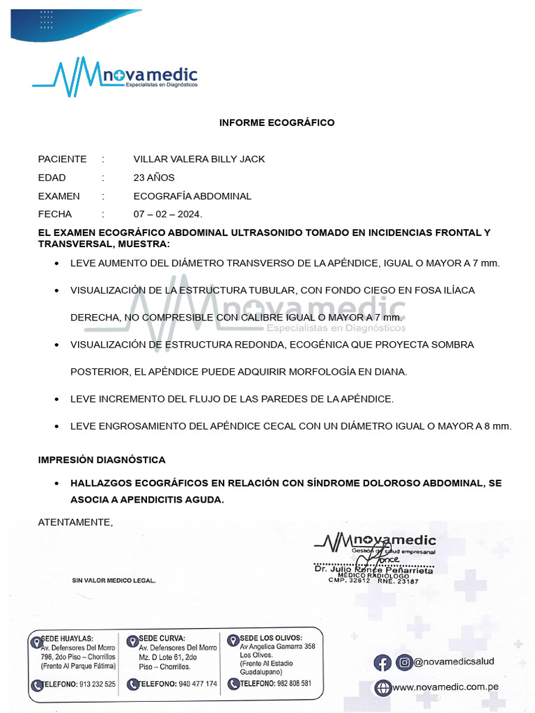 Informe Ecográfico Apendicitis Aguda Billy Villar | PDF