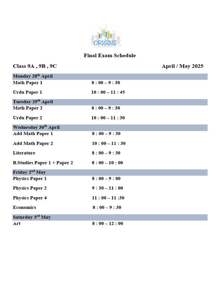Class 9 Final Exam Schedule 2025 | PDF
