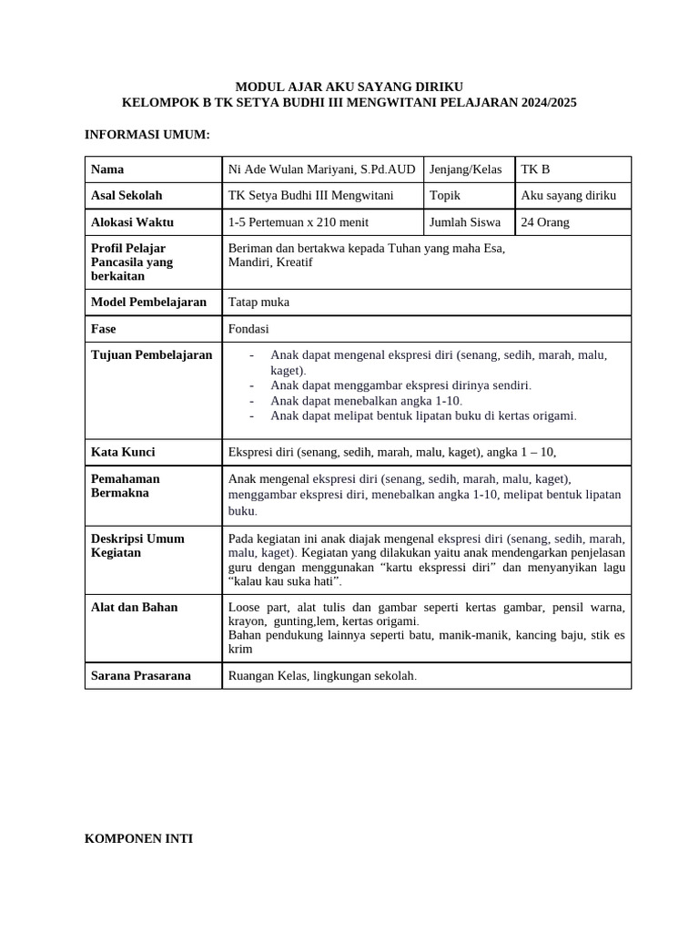 MODUL AJAR AKU SAYANG DIRIKU 3 | PDF