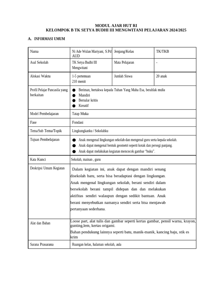 Modul Ajar Sekolahku Minggu Ke 1 | PDF