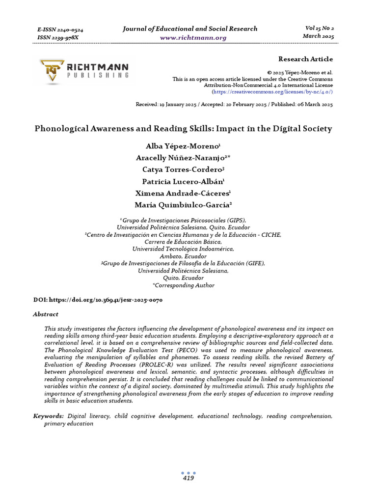 Phonological Awareness and Reading Skills Impact I | PDF | Reading ...