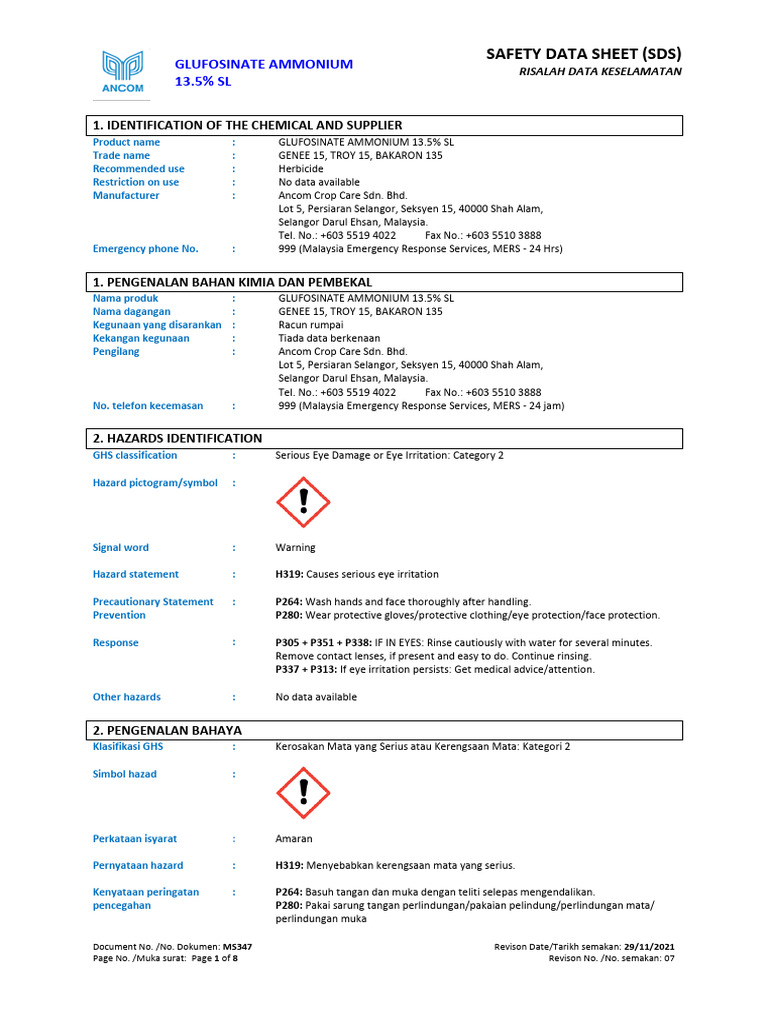 ANCOM GENEE 15-Glufosinate Ammonium 13.5% SL-MS347-Rev07 (N) | PDF