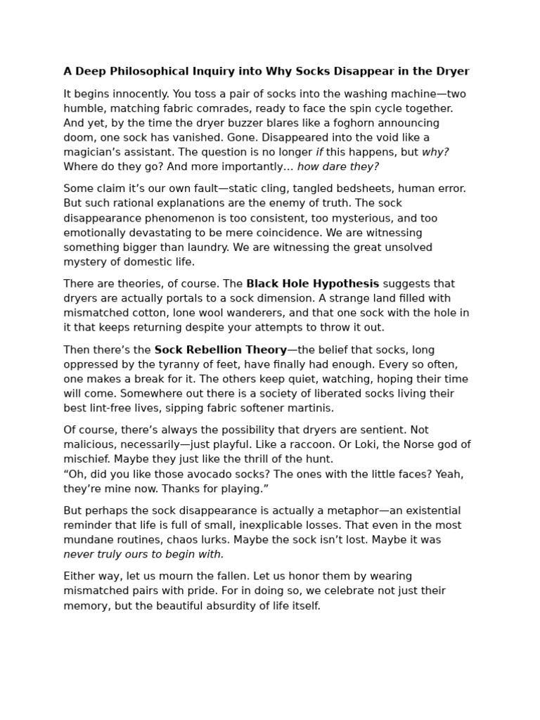 A Deep Philosophical Inquiry Into Why Socks Disappear in The Dryer | PDF