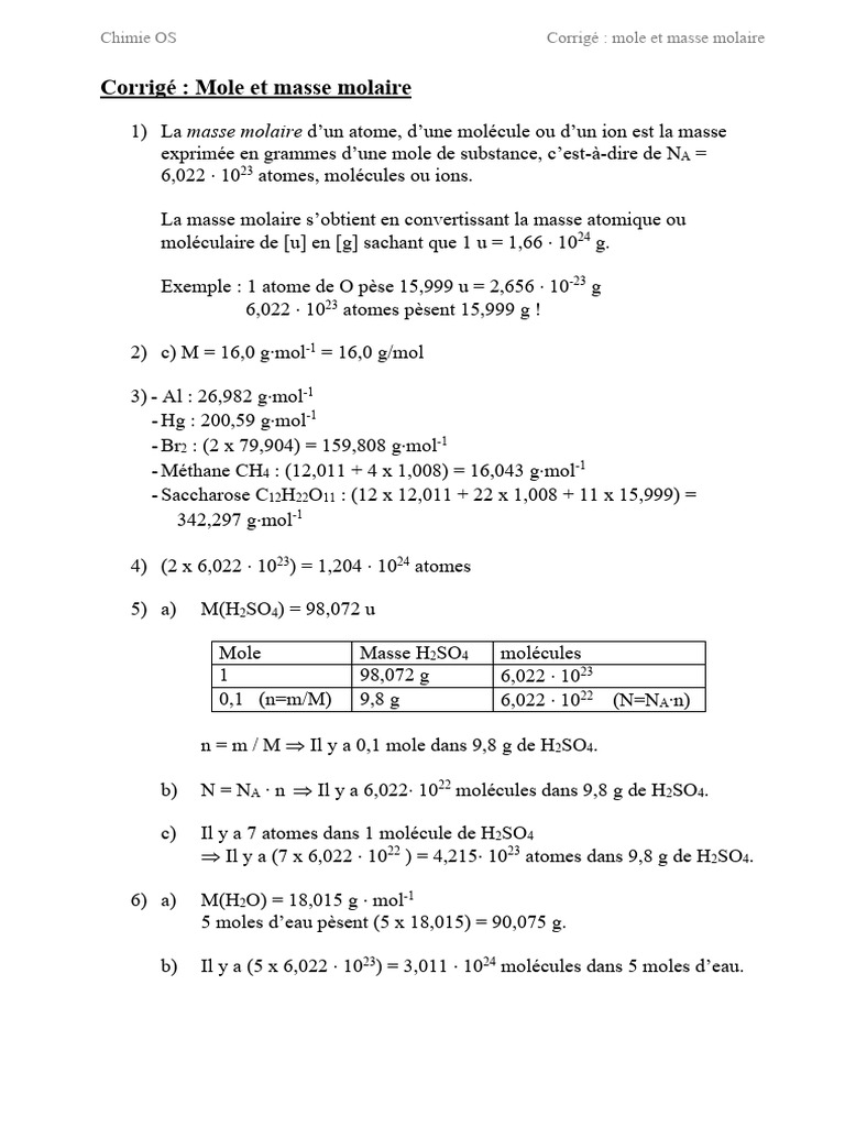 Masse Molaire et Calculs de Moles | PDF | Mole (unité) | Chimie