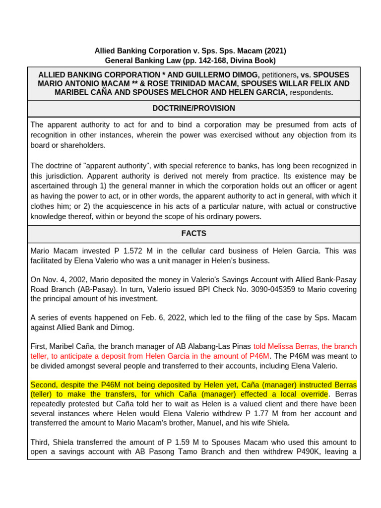 Allied Banking Corporation v. Sps. Sps. Macam (2021) | PDF | Banks ...