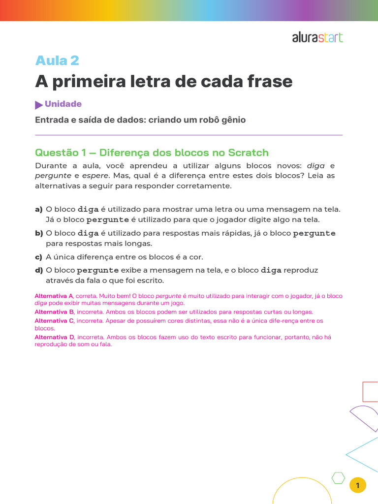 Entrada+e+saida+de+dados_Criando+um+robo+genio_Exercicios_AULA2_PROF | PDF | Swift (linguagem de ...