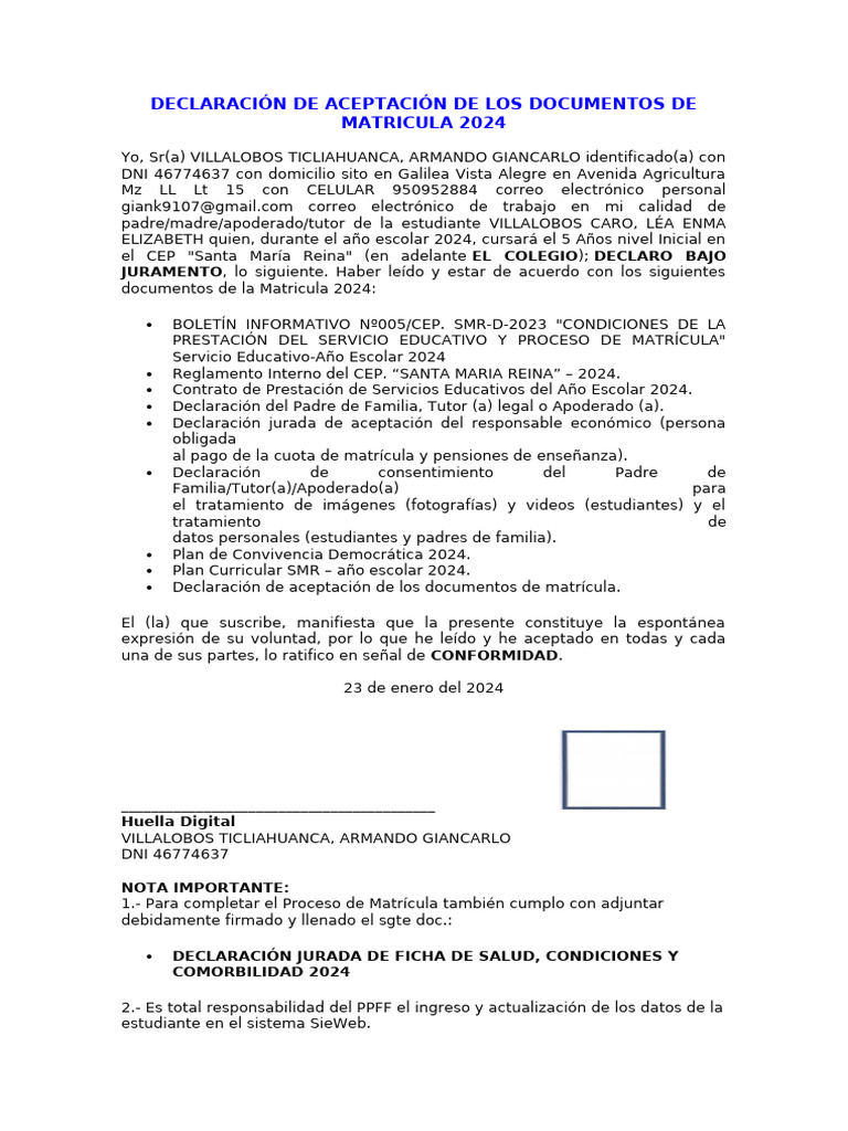 Declaración de Aceptación de Los Documentos de Matricula 2024 | PDF