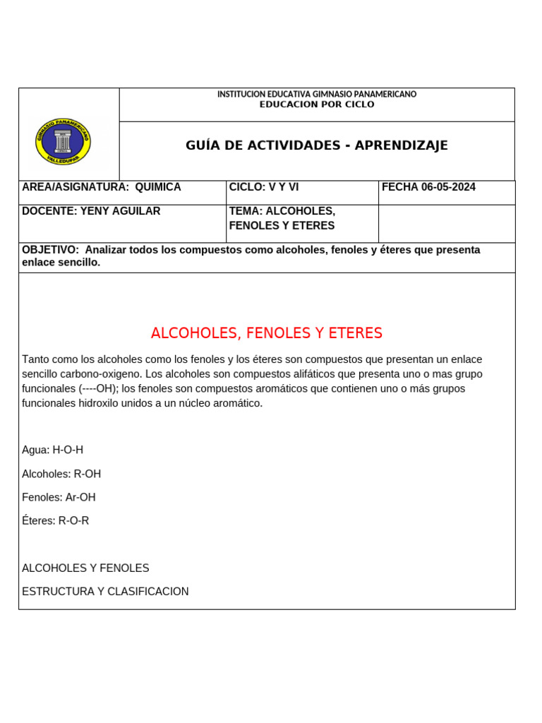 Alcoholes, Fenoles y Eteres Ciclo V y VI | PDF | Éter | Aromaterapia