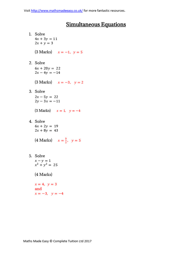 Simultaneous Equations Mixed Answers | PDF