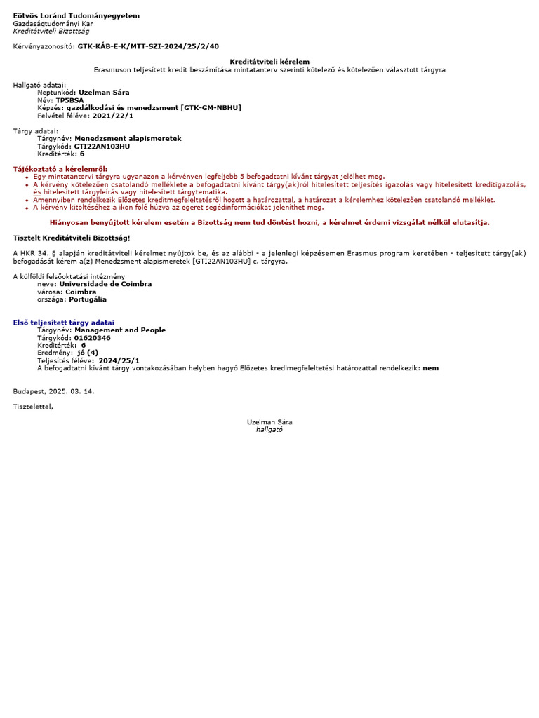 Uzelman Sára (TP5BSA) Kérvényazonosító-1596592740 Kérvény Leadási ...