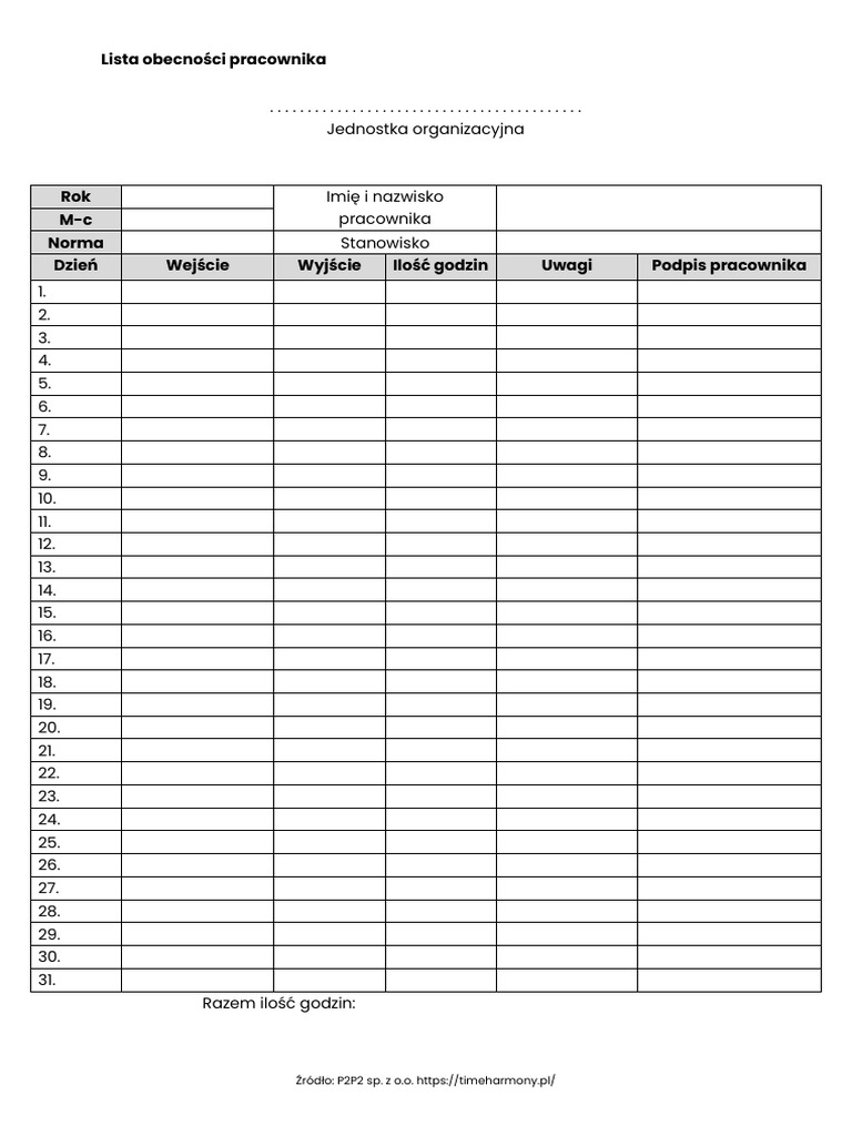 Lista Obecnosci Wzor | PDF