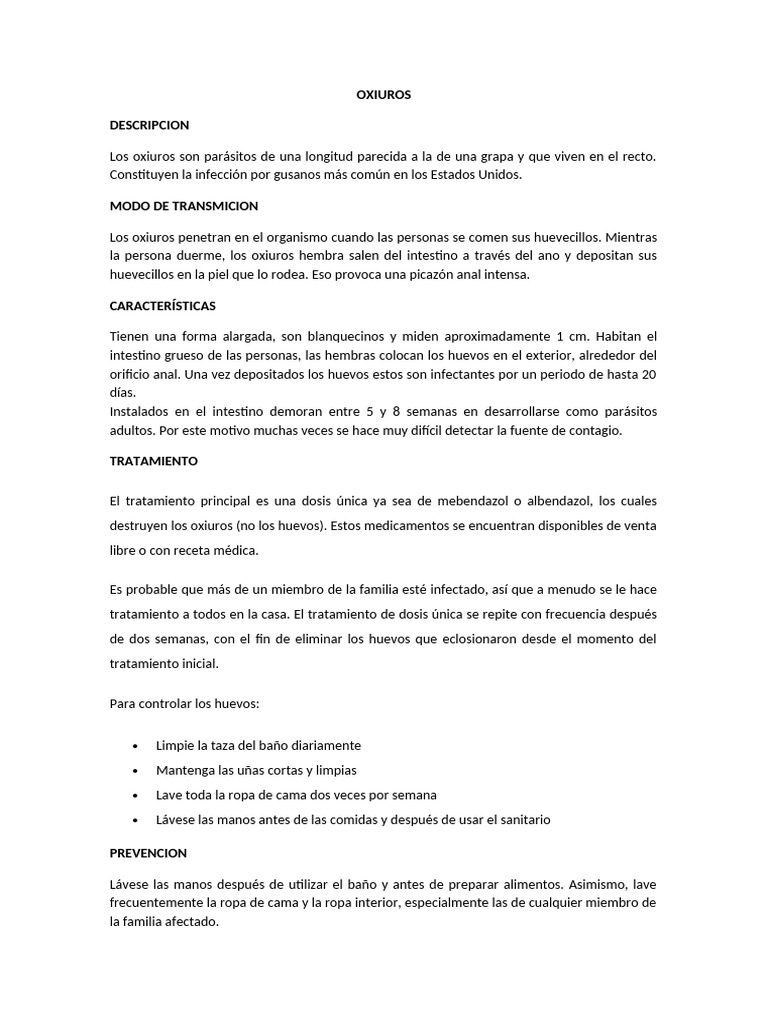 Infección por oxiuros: causas y tratamiento | PDF