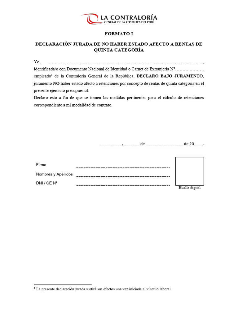 1.11. Formato I - Declaración Jurada de No Haber Estado Afecto A Rentas de Quinta Categoría | PDF