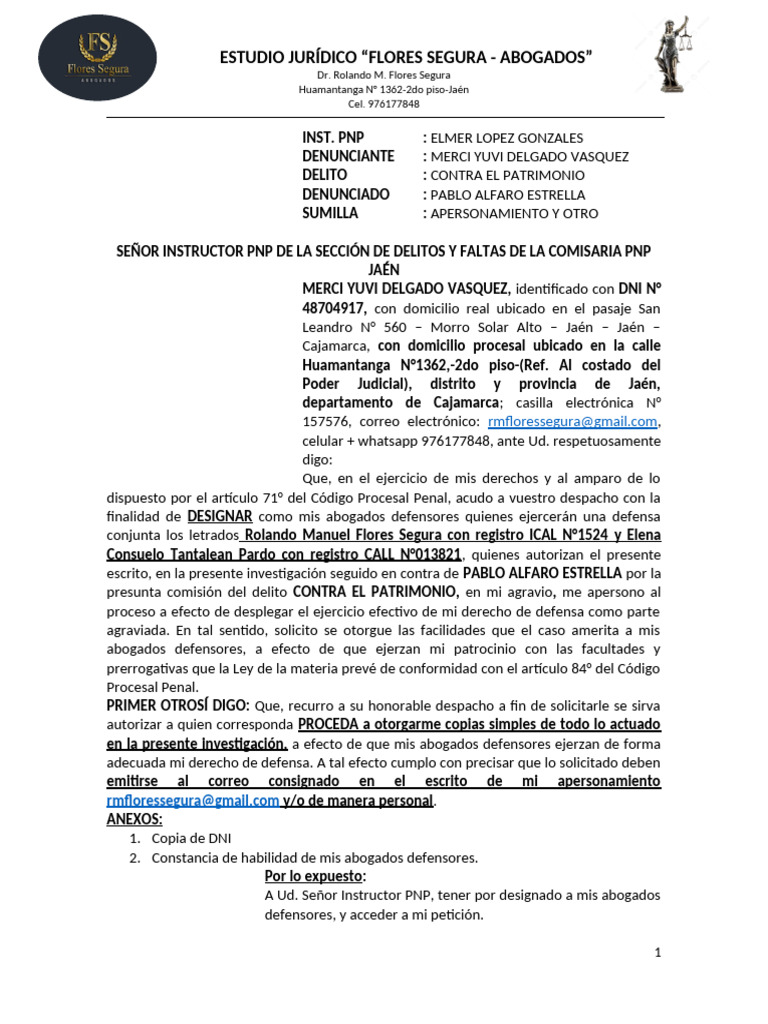 Apersonamiento PNP - Merci Yuvi Delgado Vasquez - Agraviada Apersonamiento Comisaría | PDF ...