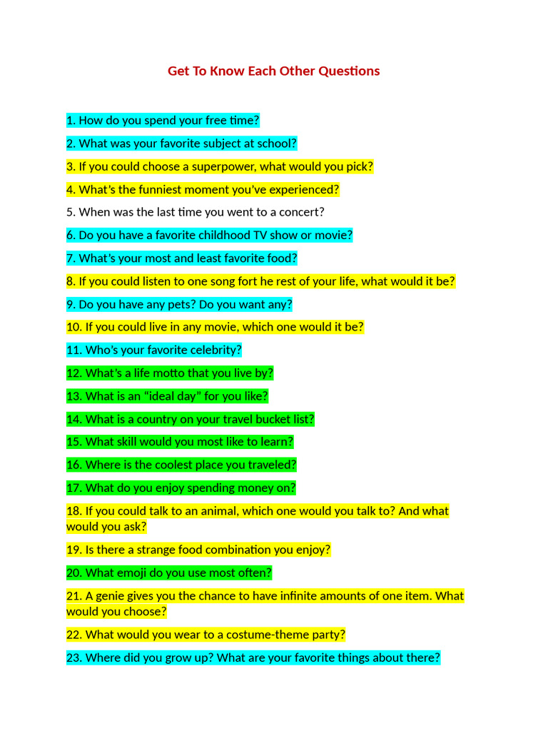 Engaging Get to Know Each Other Questions | PDF