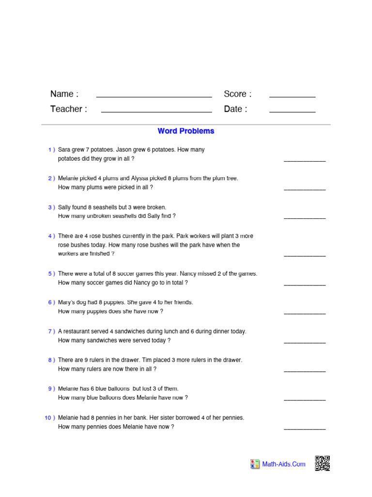 Name: Teacher: Date: Score:: Word Problems | PDF